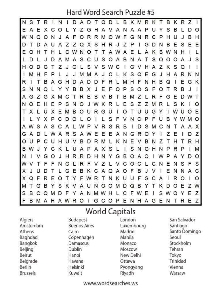 Hard Word Search: World Capitals #5 | PDF | Games Of Mental Skill ...