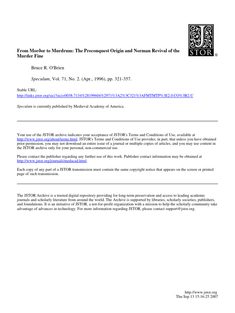 From Morðor to Murdrum The Preconquest Origin and Norman Revival of the ...