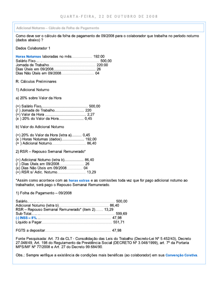 Como Calcular Adicional Noturno | PDF