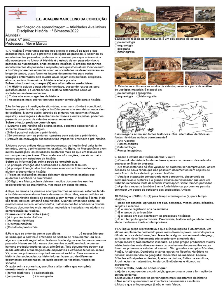 atividade avaliativa 1º bim 6º ano | PDF | Tempo | Arqueologia