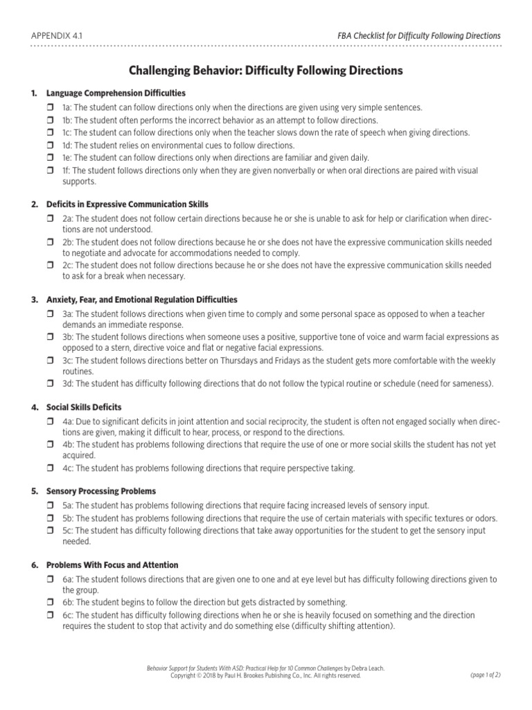 Appendix 4.1 Fba Checklist For Difficulty Following Directions | PDF ...