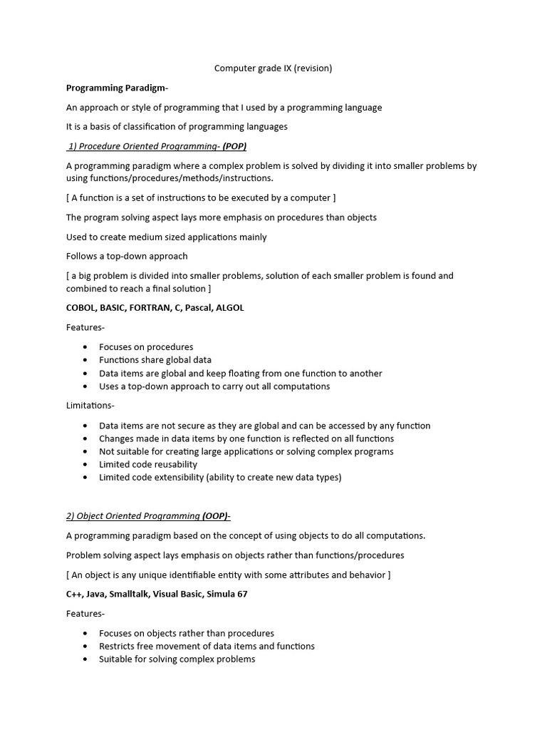 Computer Grade Ix Pdf Object Oriented Programming Java Programming Language