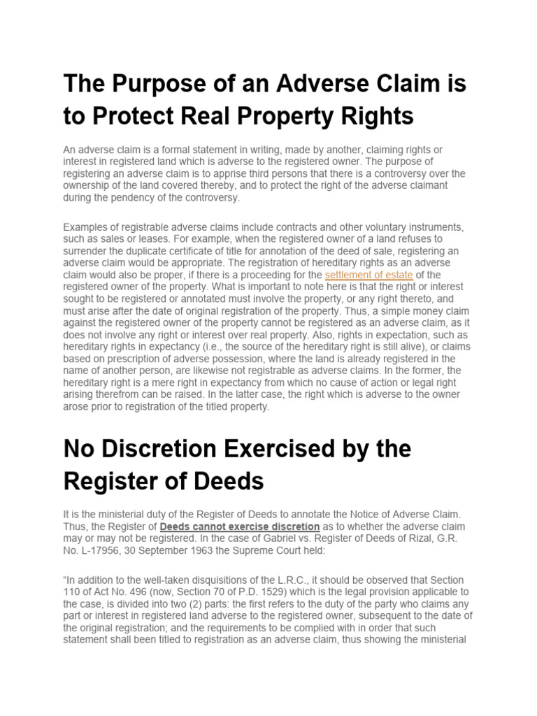 Adverse Claim Wid Jurisprudence | PDF | Notary Public | Property