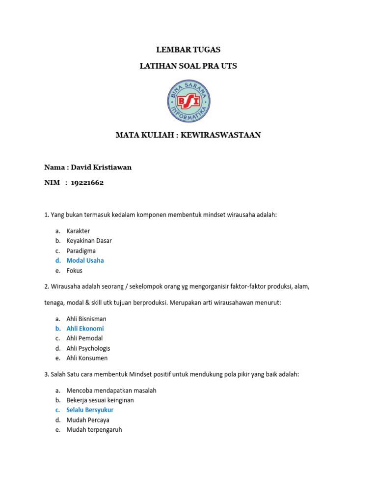 Latihan Soal Kewirausahaan Pra UTS | PDF | Bisnis