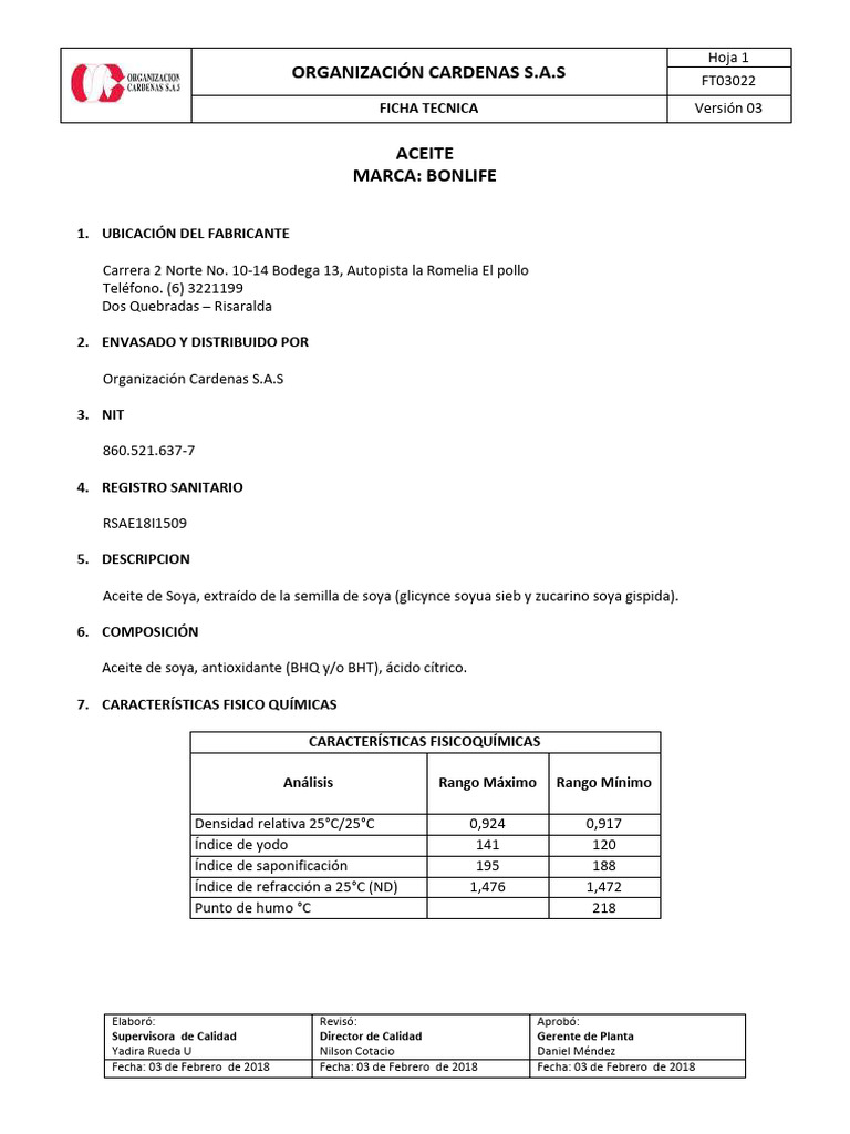 Ficha Técnica Aceite Bonlife V03 CARDENAS | PDF | Etiqueta de ...