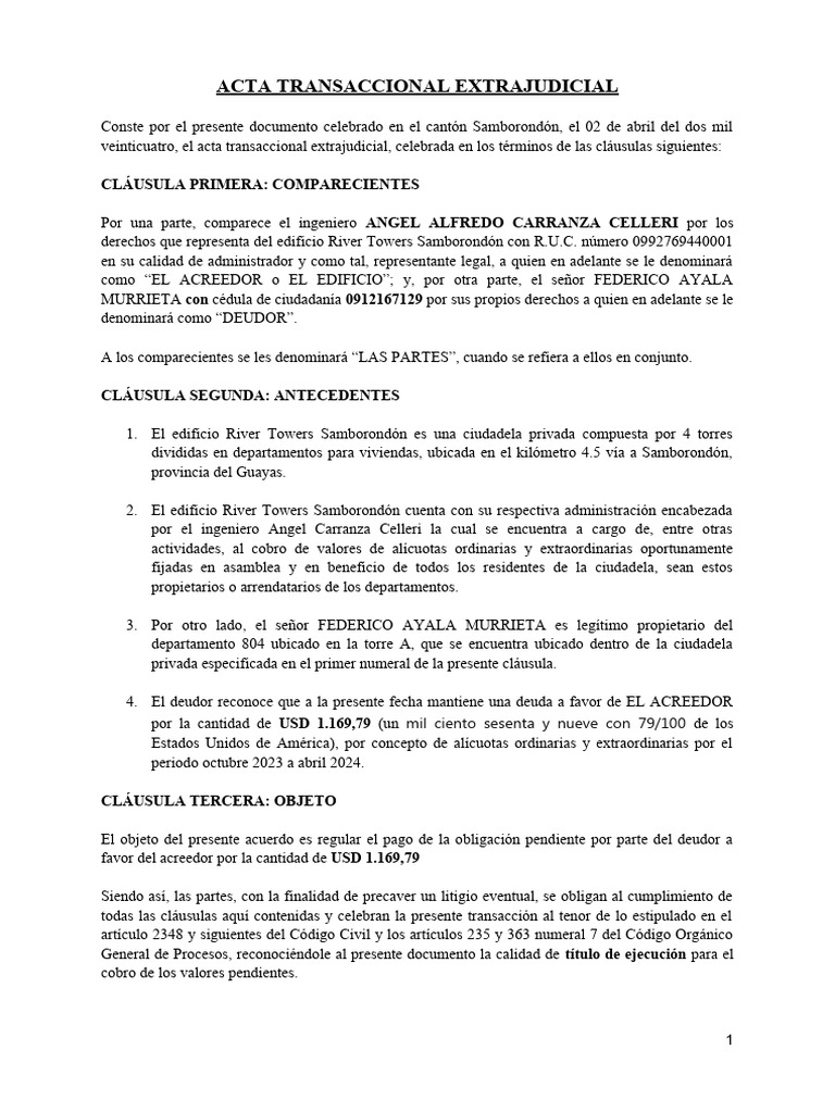 Acta Transaccional - Alicuotas Ordinarias y Extraordinarias TA 804 ...