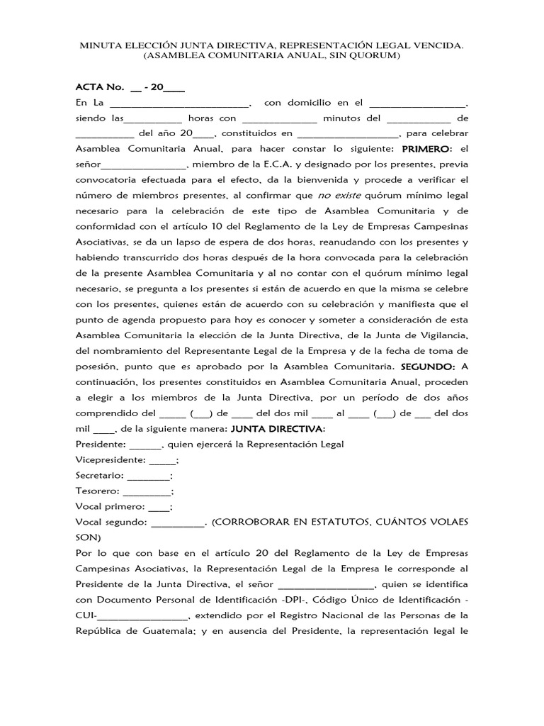 Minuta de Eleccion de Junta Directiva de Representante Legal Vencidad Anual Sin Qourum | PDF ...