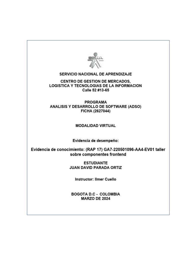 Rap 17 Ga7 220501096 Aa4 Ev01 Taller Sobre Componentes Frontend Pdf Modelo De Objeto De 