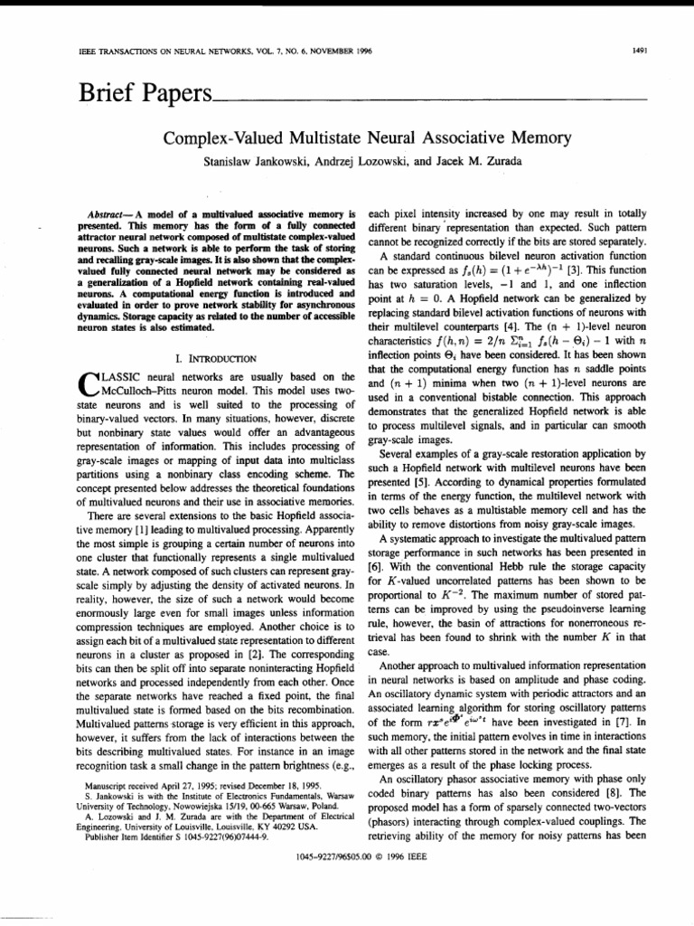 Complex-Valued Multistate Neural Associative Memory | PDF