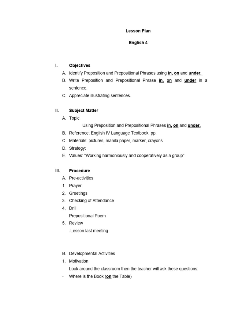 Lesson Plan in English 4 | PDF | Preposition And Postposition | Noun