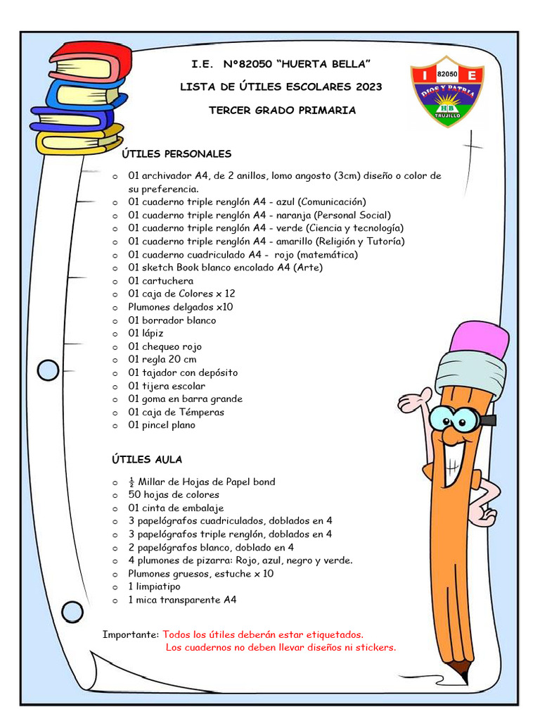 LISTA DE ÚTILES - Tercer Grado | PDF