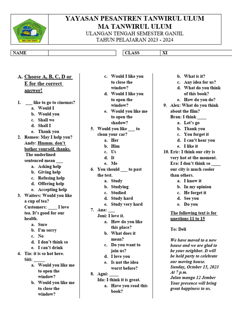 English UTS Ganjil Kelas XI | PDF