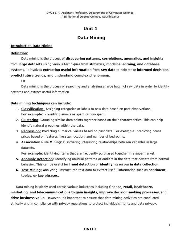 Unit 1 Data Mining Pdf Data Mining Data Analysis