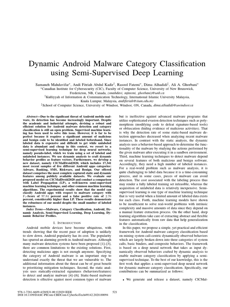 Dynamic Android Malware Category Classification Using Semi-Supervised Deep Learning | PDF ...