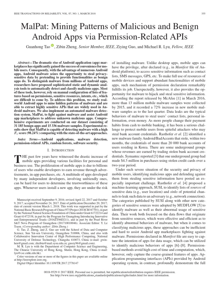 MalPat Mining Patterns of Malicious and Benign Android Apps Via Permission Related APIs | PDF ...