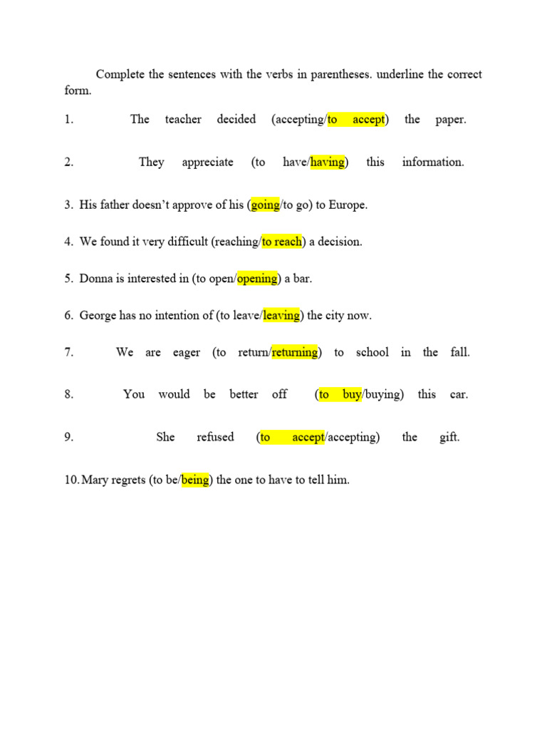 6. Exercises of Verbs With Verb Complements | PDF