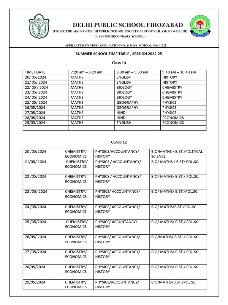 SUMMER SCHOOL, TIME TABLE CLASS 10 , 12, 2024 | PDF | Schools ...