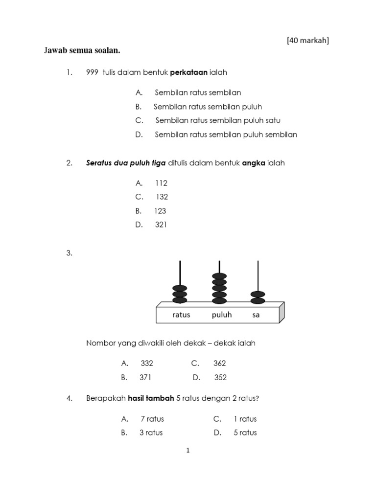 Math Tahun 2 k1 - 2018 | PDF