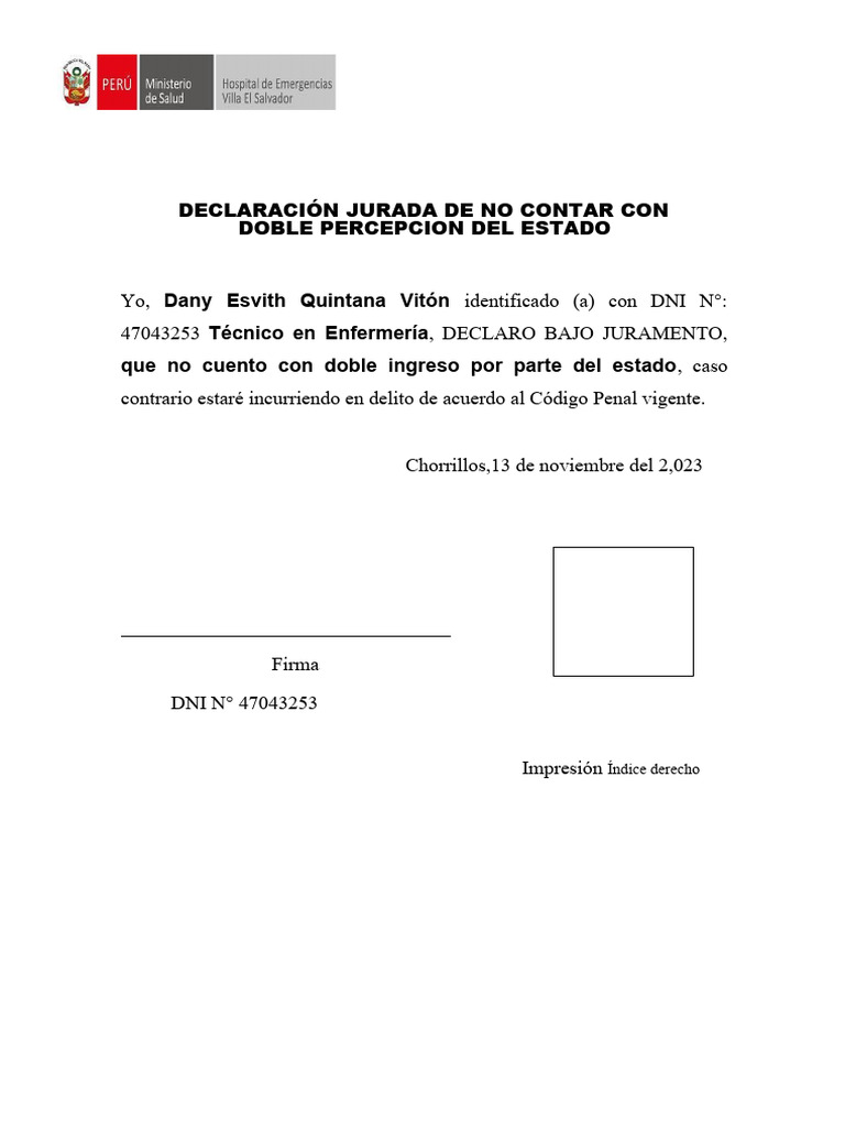 DECLARACION JURADA DE No Contar Con Doble Ingreso | PDF