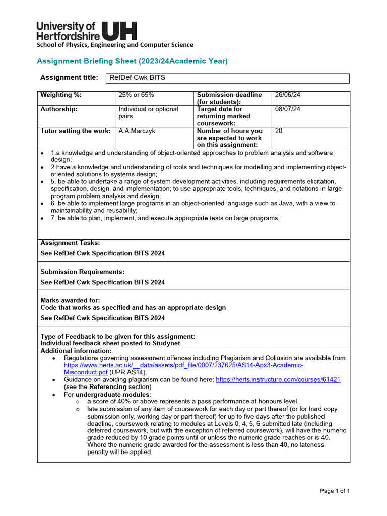 Assignment Briefing Sheet 202324academic Year Refdef Cwk Bits Pdf Plagiarism Object