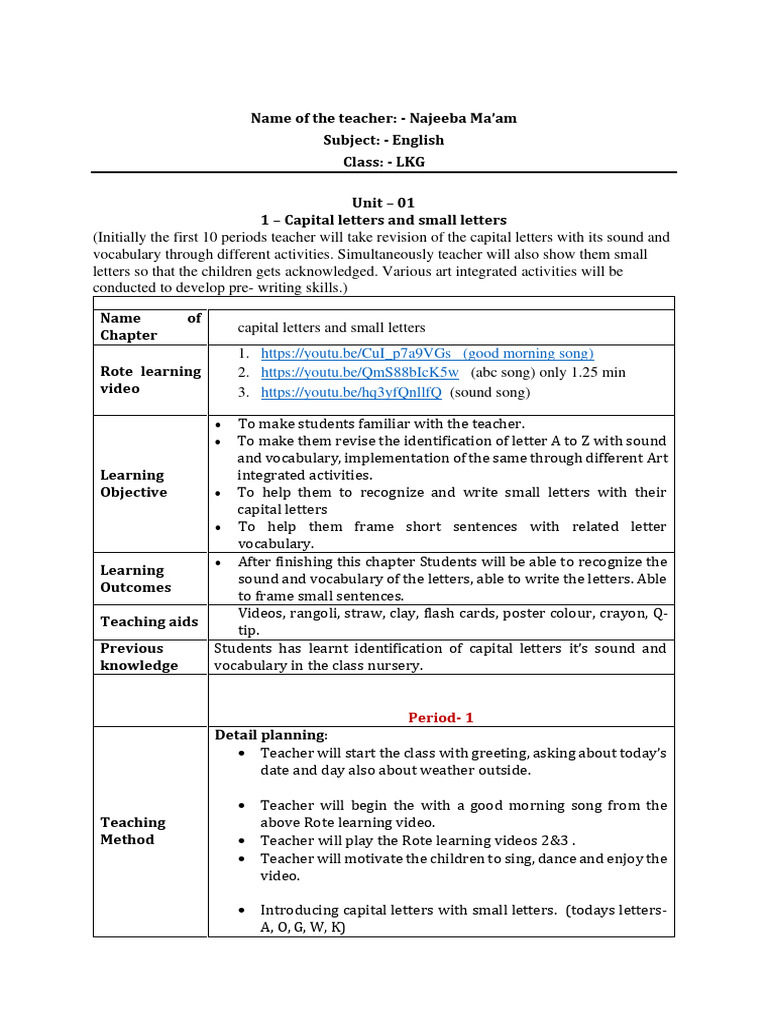 LKG English Lesson Plan: Letters & Vocabulary | PDF | Teachers | Learning