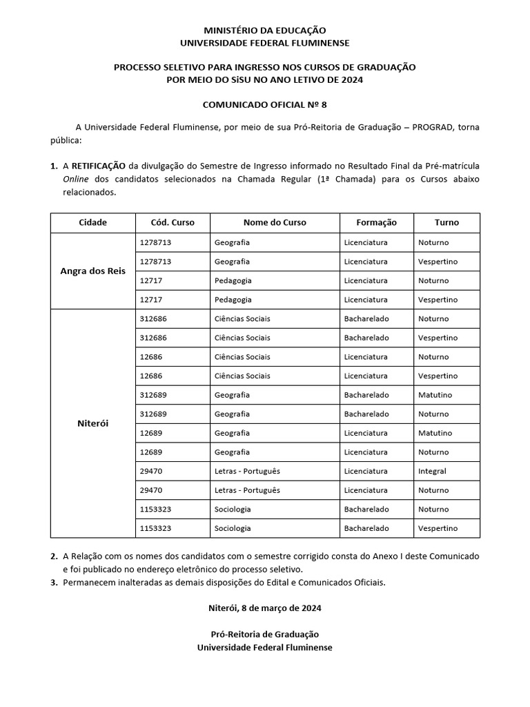 UFF SISU2024 ComunicadoOficial08 | PDF | Diploma de bacharel | Estágios ...