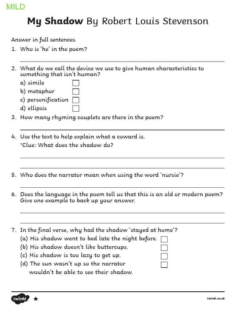 Analyzing "My Shadow" Poem Questions | PDF | Poetry | Rhyme
