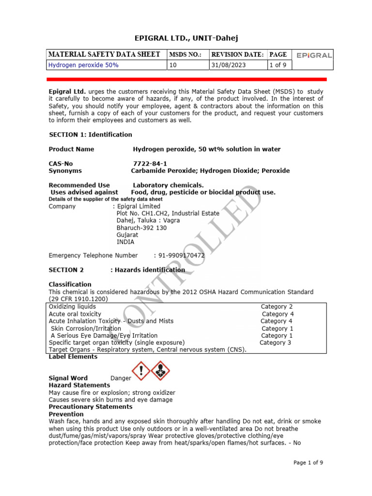 MSDS - Hydrogen-Peroxide 50 (3709) | PDF | Magnesium | Dangerous Goods