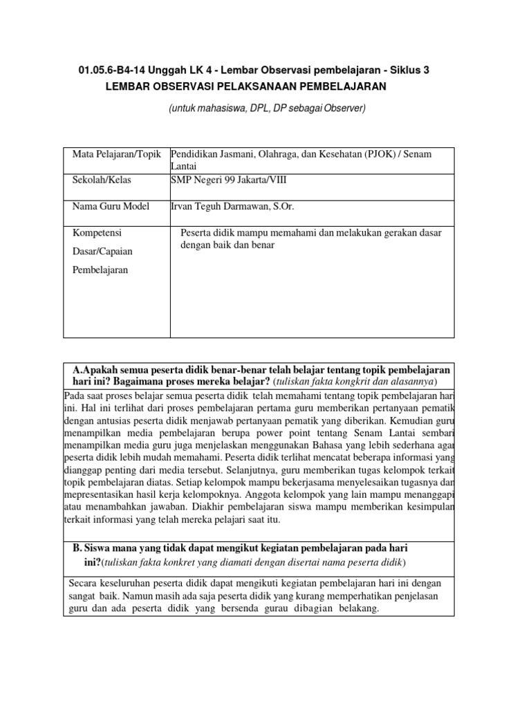 01.05.6-B4-14 Unggah LK 4 - Lembar Observasi Pembelajaran - Siklus 3 | PDF | Karier & Perkembangan