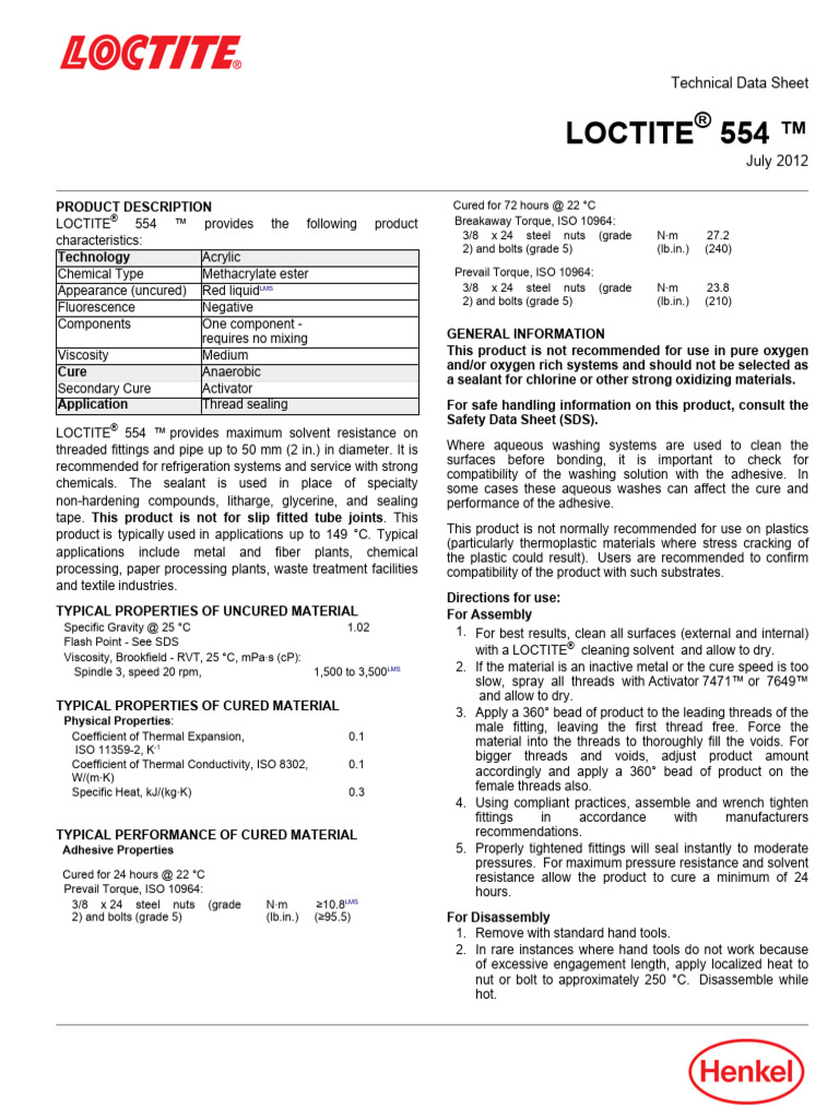 LOCTITE 554 TDS | PDF | Adhesive | Nut (Hardware)