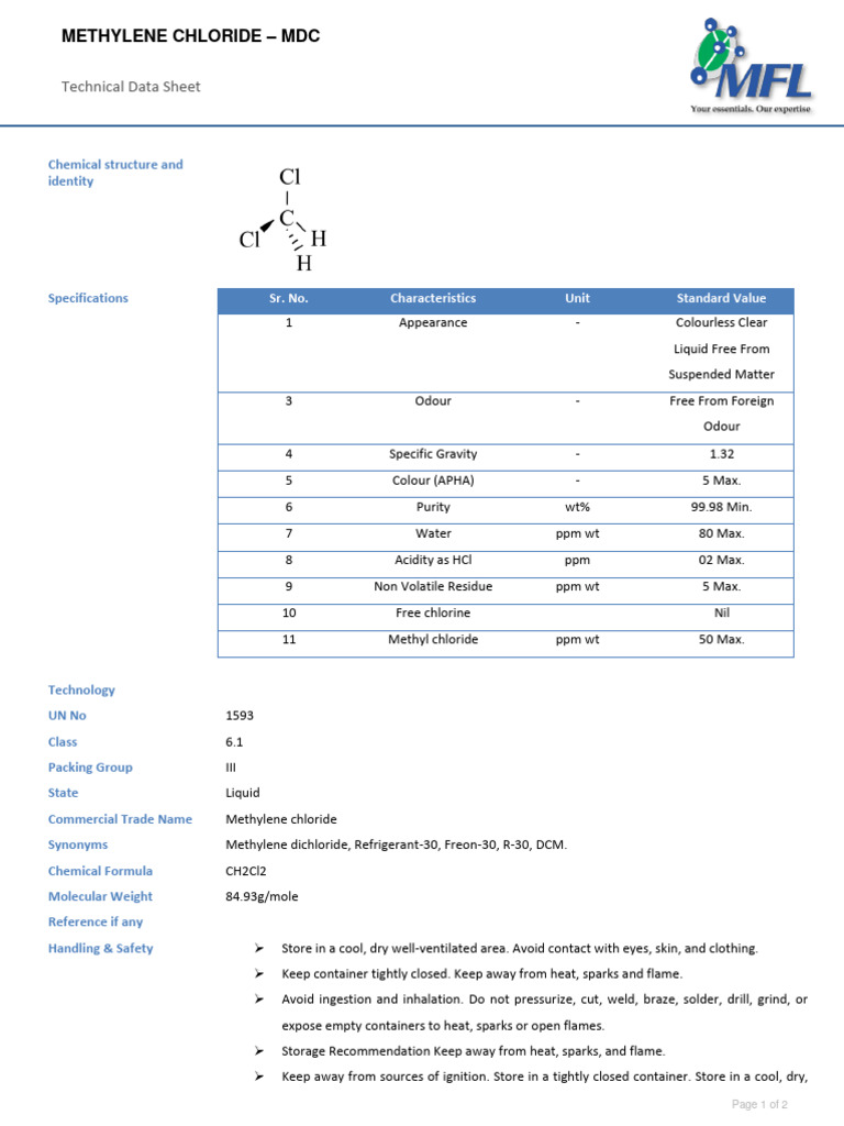 Methylene Chloride - MDC | PDF | Chemistry | Materials