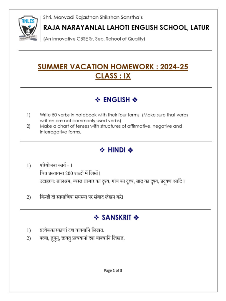 Class Ix Summer Vacation Assignment 2024-25 | PDF