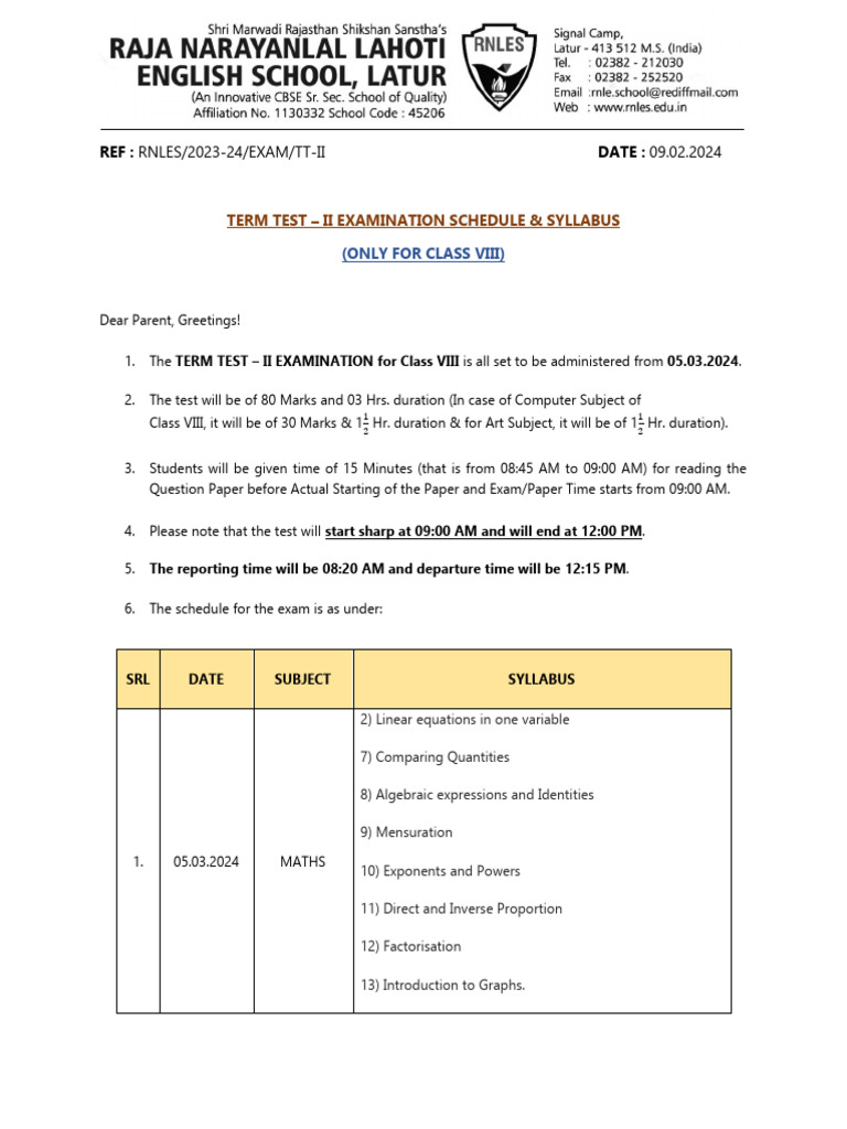 Class VIII Term Test II Schedule | PDF | Mathematics