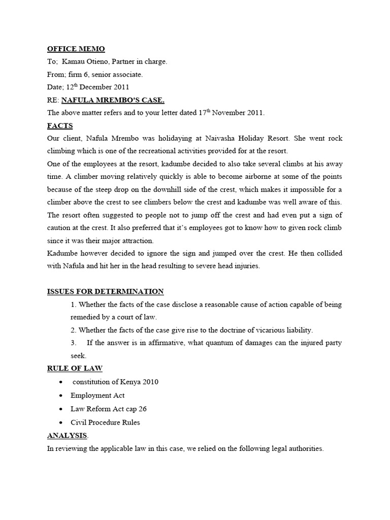 Nafula Mrembo Case Analysis Memo | PDF | Damages | Negligence