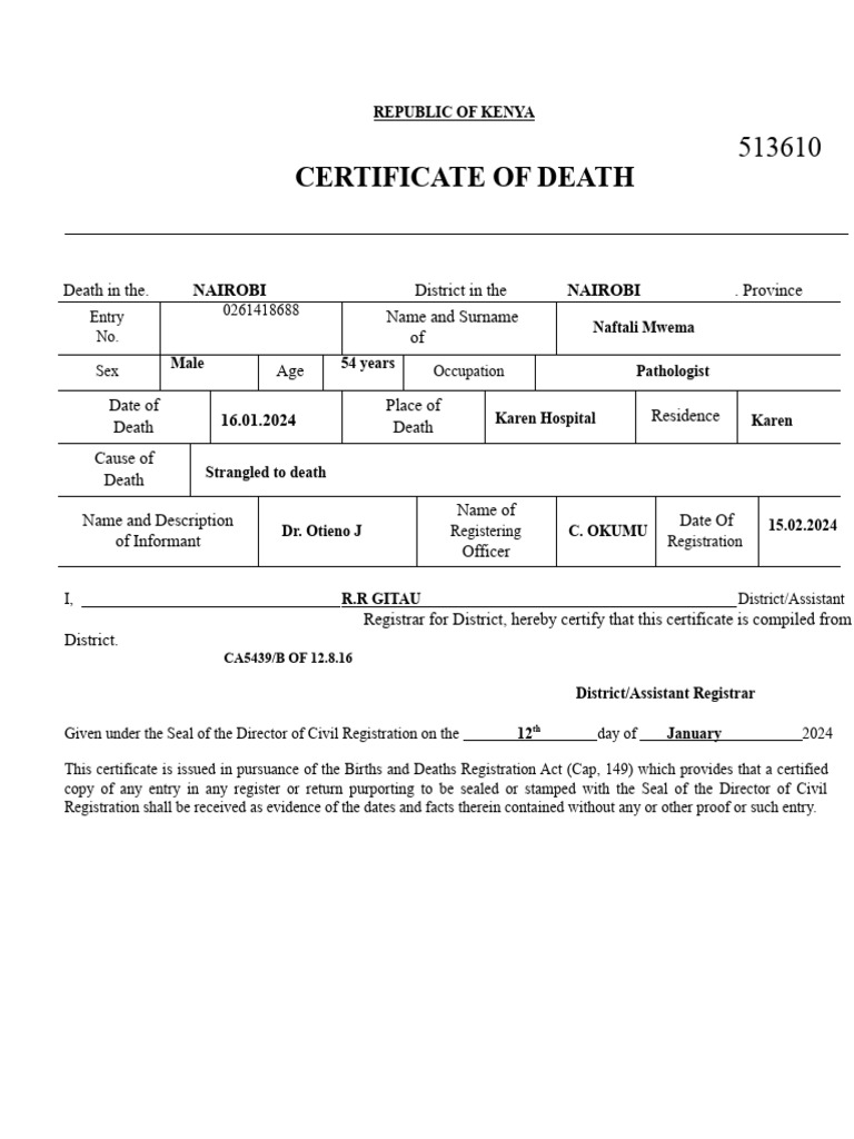 Kenya Death Certificate Sample | PDF