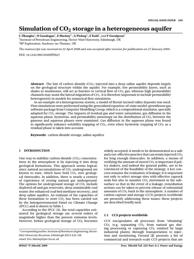 Ukaegbu Et Al 2009 Simulation of Co2 Storage in A Heterogeneous Aquifer | Download Free PDF ...