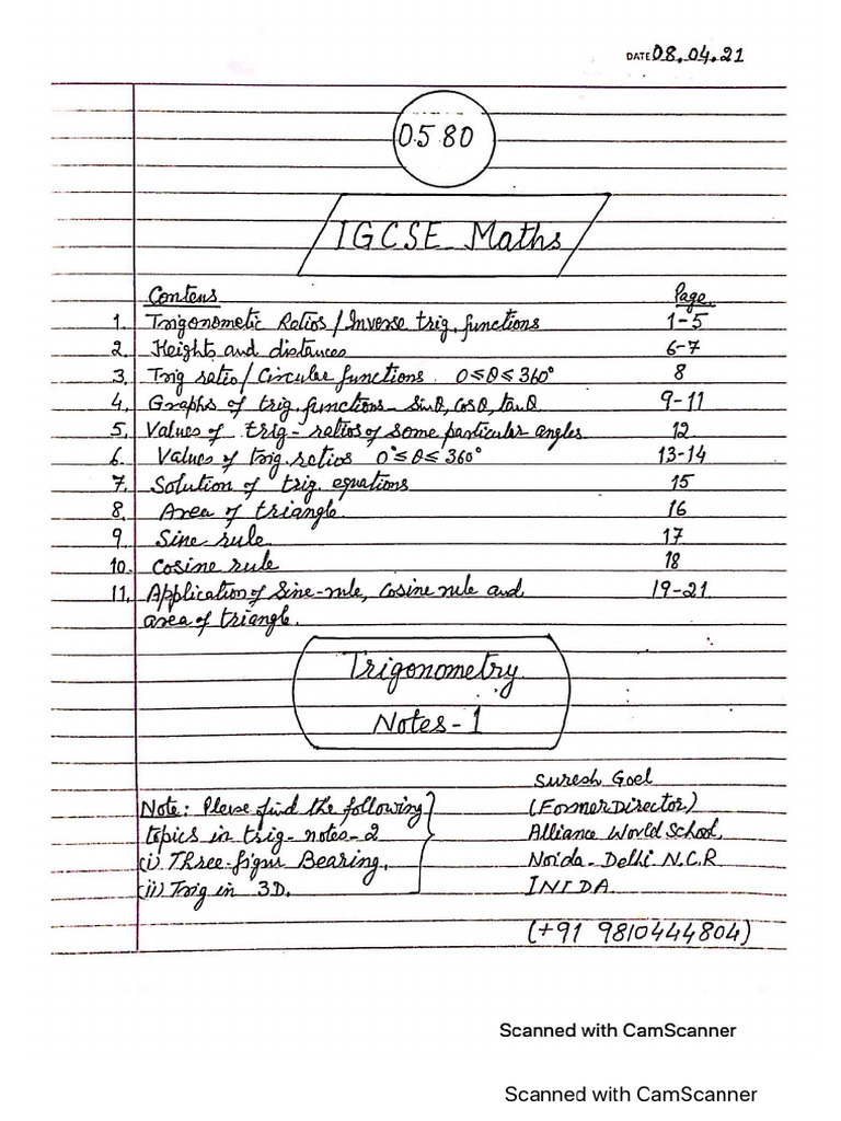 Ig 0580 Trigonometry Revised Notes 1 | PDF