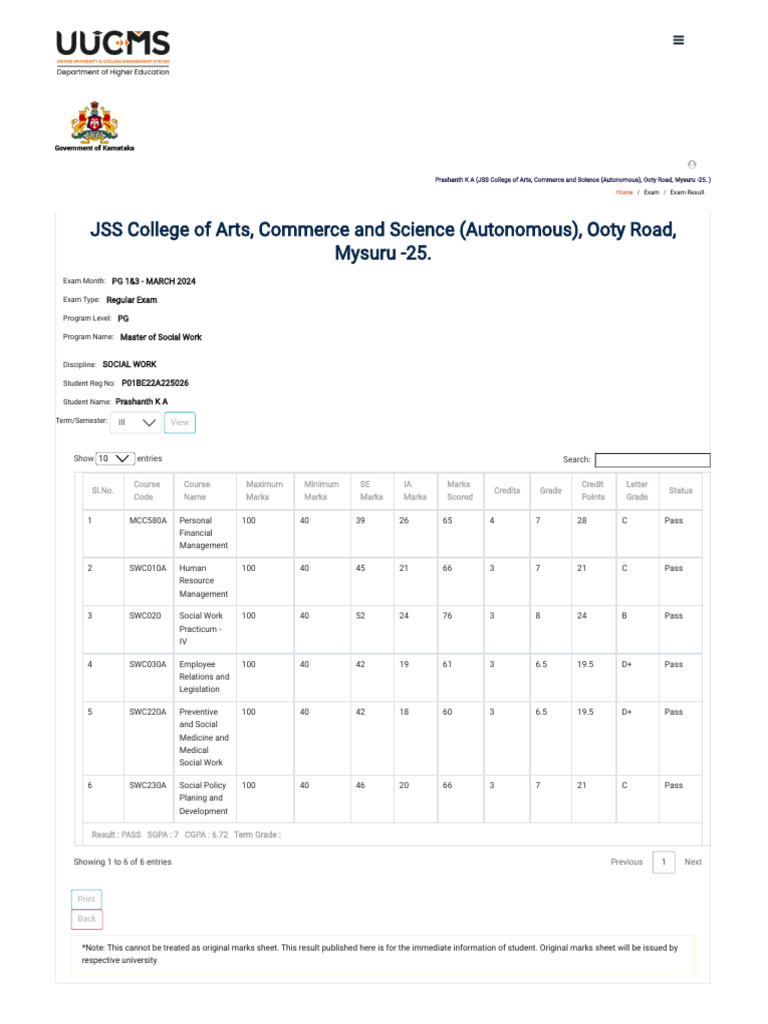 3rd Sem Msw Marks Card | PDF