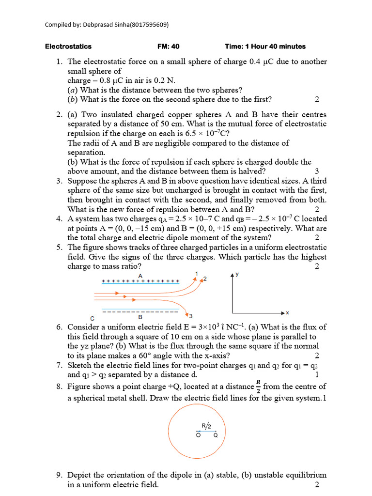 Question Bank Electrostatics | PDF | Electrostatics | Electric Field