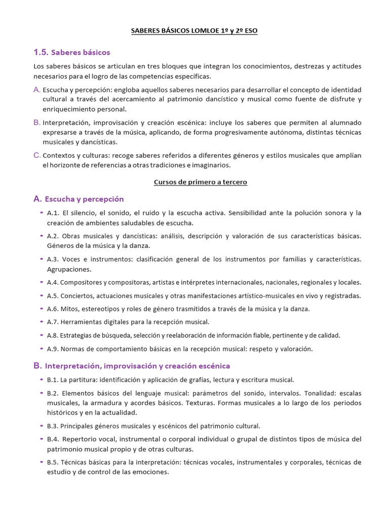 SABERES BÁSICOS LOMLOE 1º y 2º ESO CLM | PDF | Partituras | Bailes