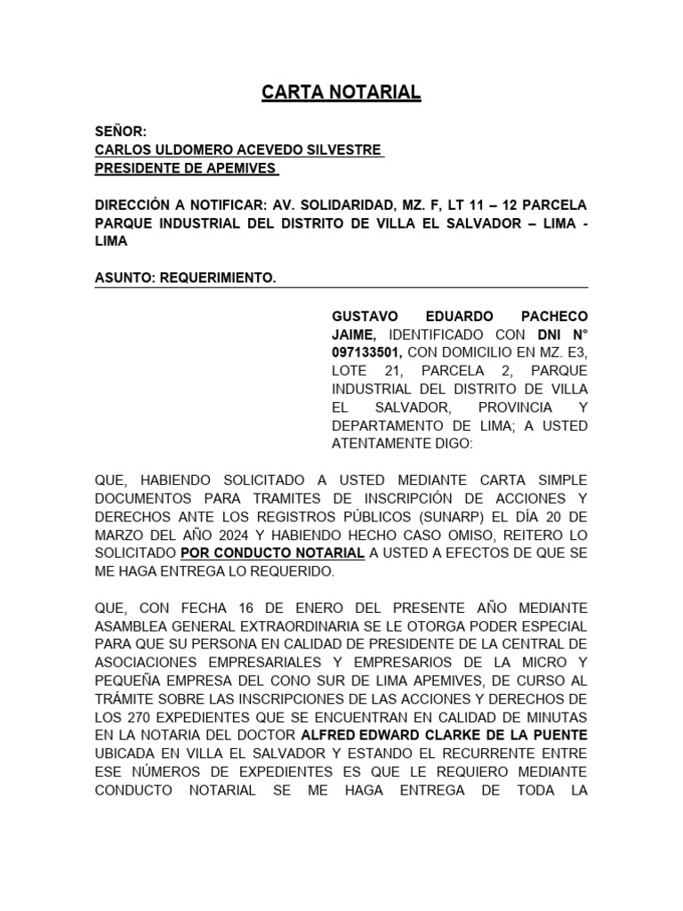 Carta Notarial - Gustavo Pacheco | PDF | Derecho