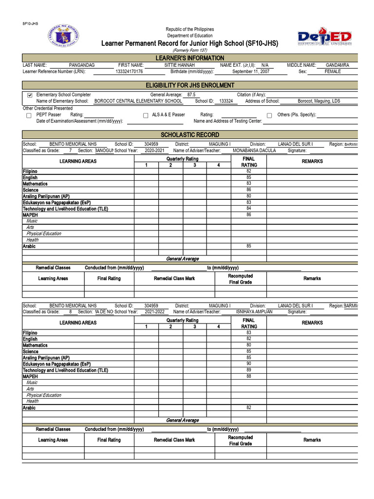 Learner Permanent Record For Junior High School (SF10-JHS) | PDF