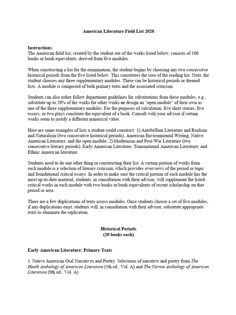2020 American Literature Field List | PDF | American Literature ...