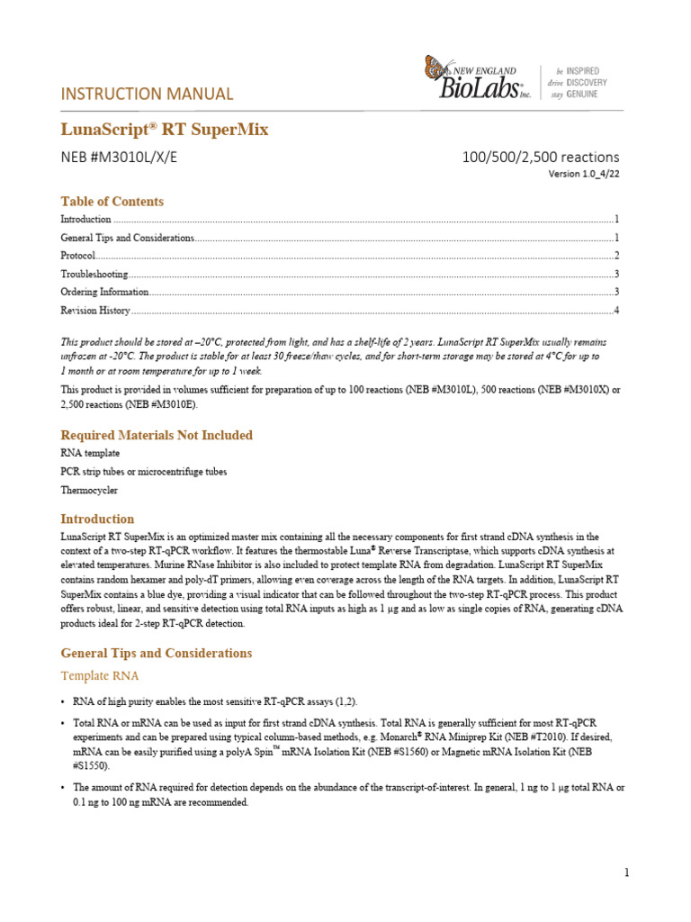 1726 - Inserto-Manual Enzima RT LunaScript M3010 | PDF | Complementary Dna | Real Time ...