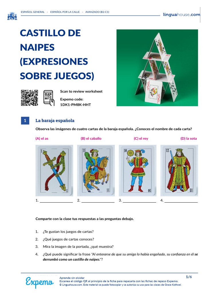 Castillo de Naipes Expresiones Sobre Juegos Castellano Spanish Student ...