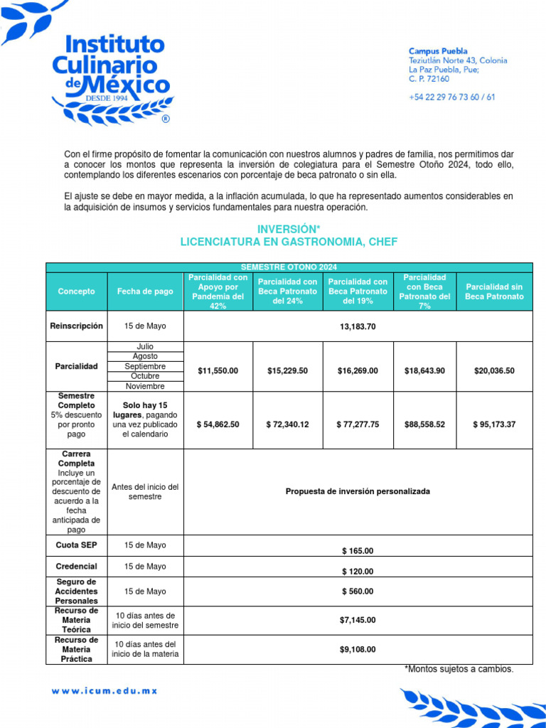 Inversión y Calendario de Pago LGCH Otoño 2024 | PDF