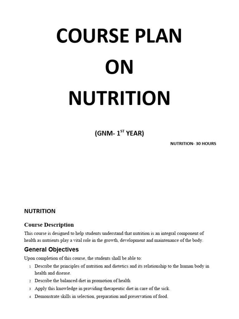 Course Plan On Nutrition (GNM) | PDF | Foods | Nutrition