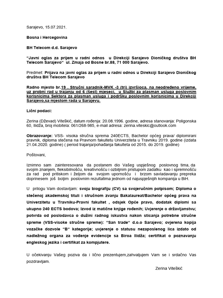 Prijava BH Telecom Radno Mjesto Sarajevska Direkcija | PDF