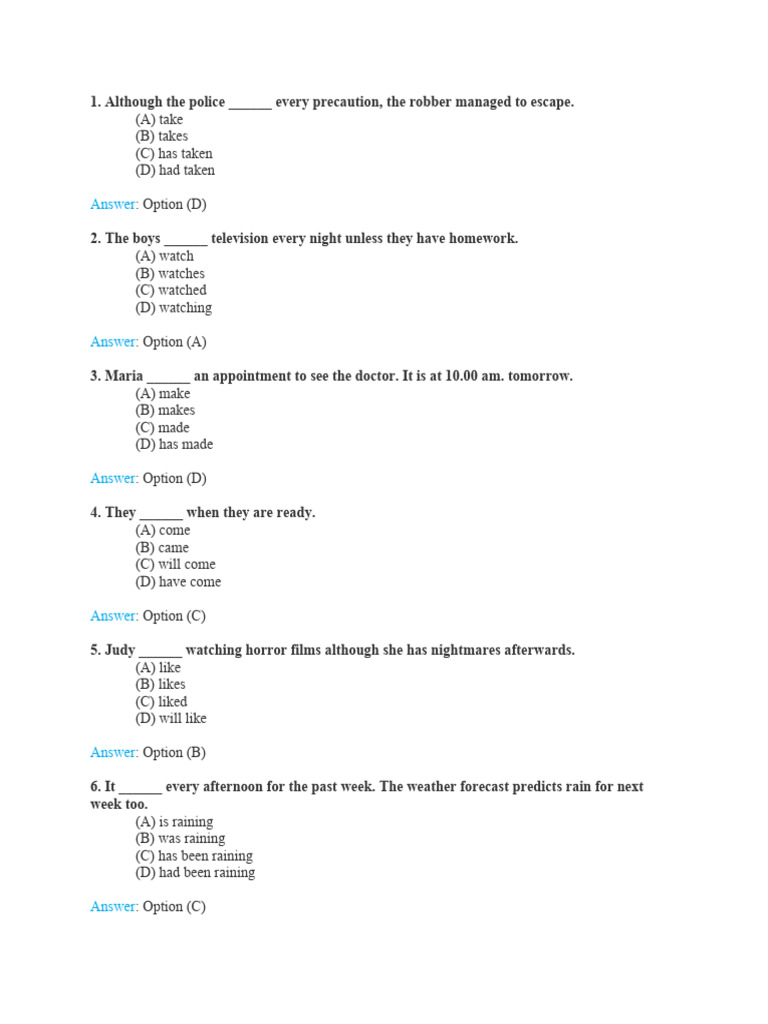 MCQs - Tenses With Answers | PDF