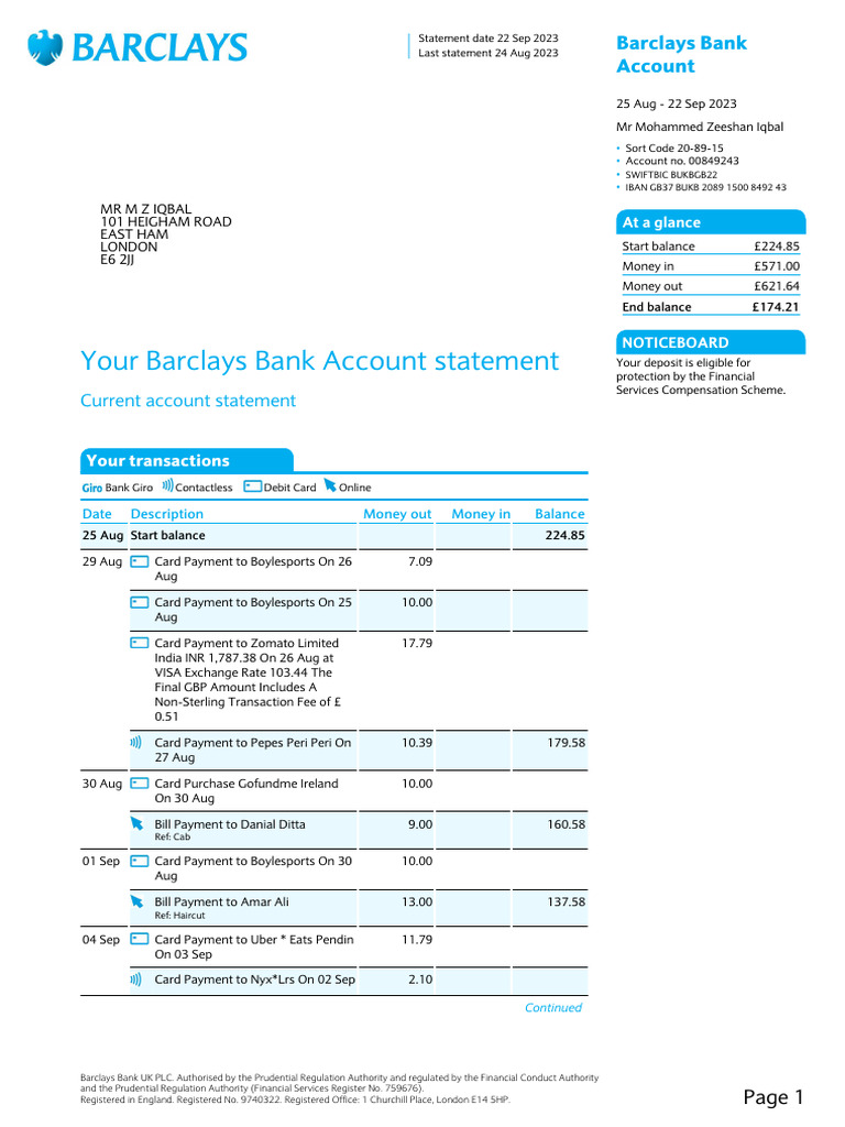 Your Barclays Bank Account Statement | PDF | Overdraft | Debit Card